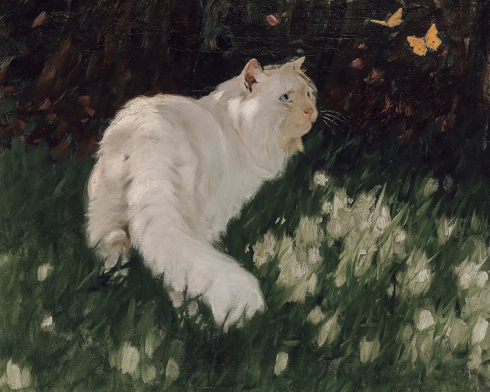 Arthur Heyer - White Cat and Butterflies – Poster Master